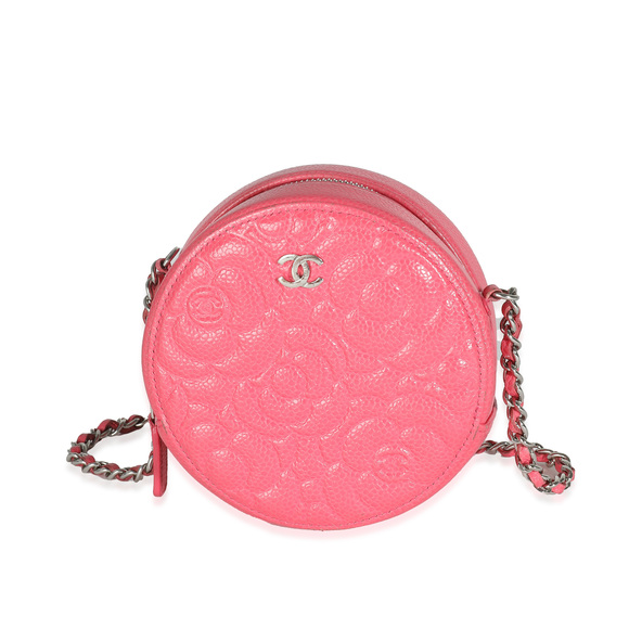 CHANEL | Bags | Chanel Pink Camellia Embossed Caviar Round Mini Pouch ...
